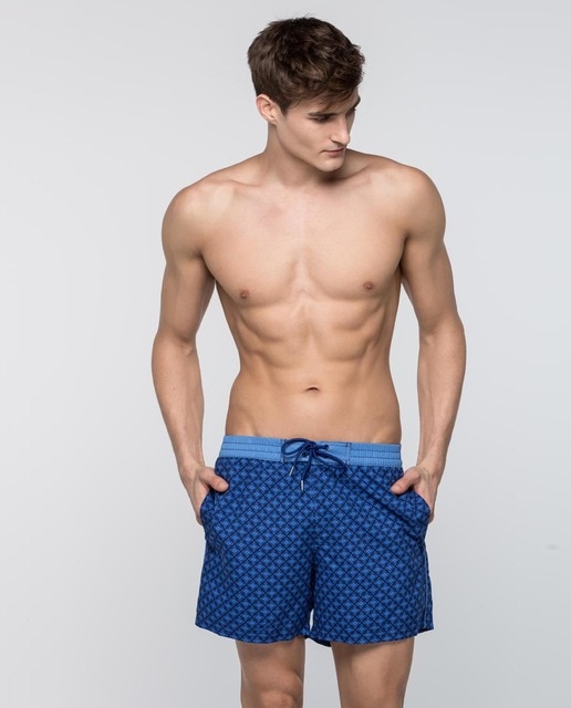 Bañador Bermuda De Hombre Punto Blanco Estampado Con Bolsillos