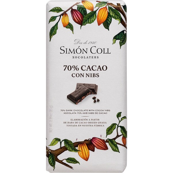 chocolate negro 70% cacao con pepitas de cacao de Ghana tableta 85 g · SIMON COLL · Supermercado ...