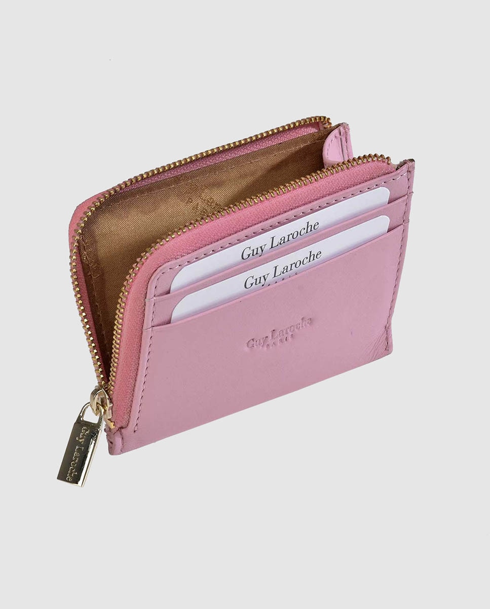Tarjetero de mujer en piel de color rosa con cremallera · Guy Laroche ...