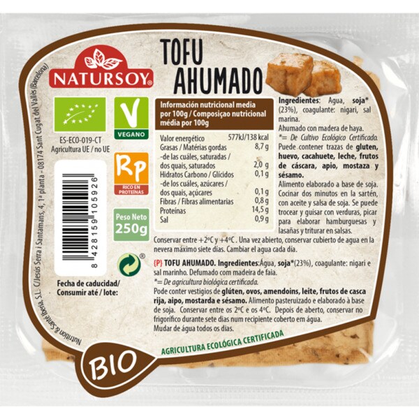 Tofu Fumado Biológico embalagem 250 g - NATURSOY - Nutripédia
