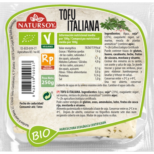 Tofu Italiana Biológico embalagem 250 g - NATURSOY - Nutripédia
