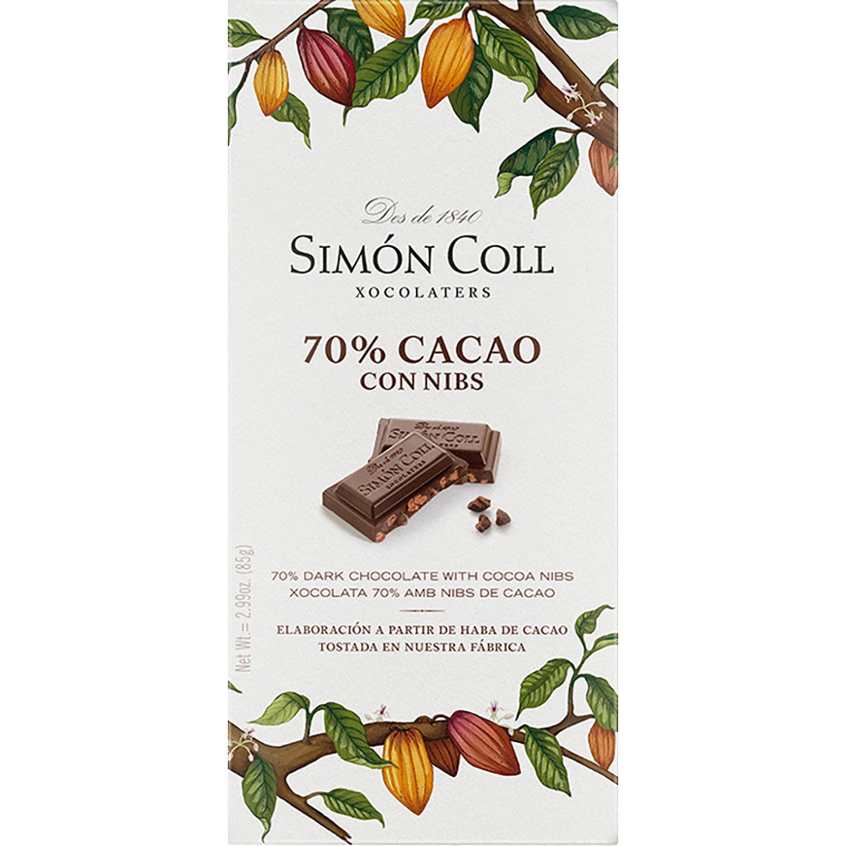 Chocolate negro 70% cacao con pepitas de cacao de Ghana tableta 85 g · SIMON COLL · Supermercado ...