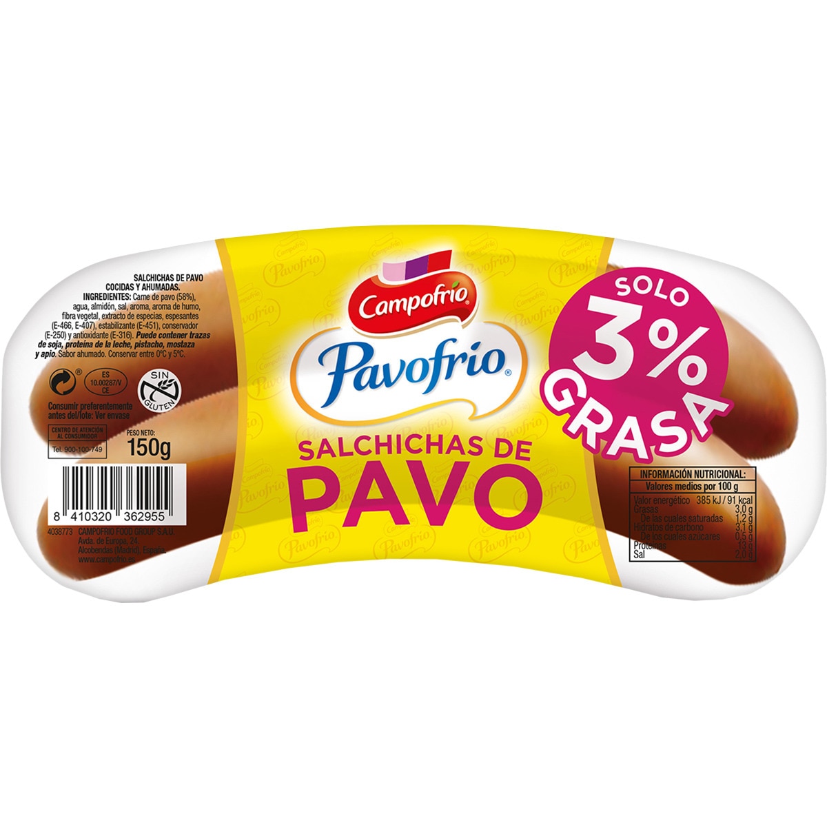 Pavofrío cooked and smoked low-fat turkey sausages gluten-free 2 pieces ...