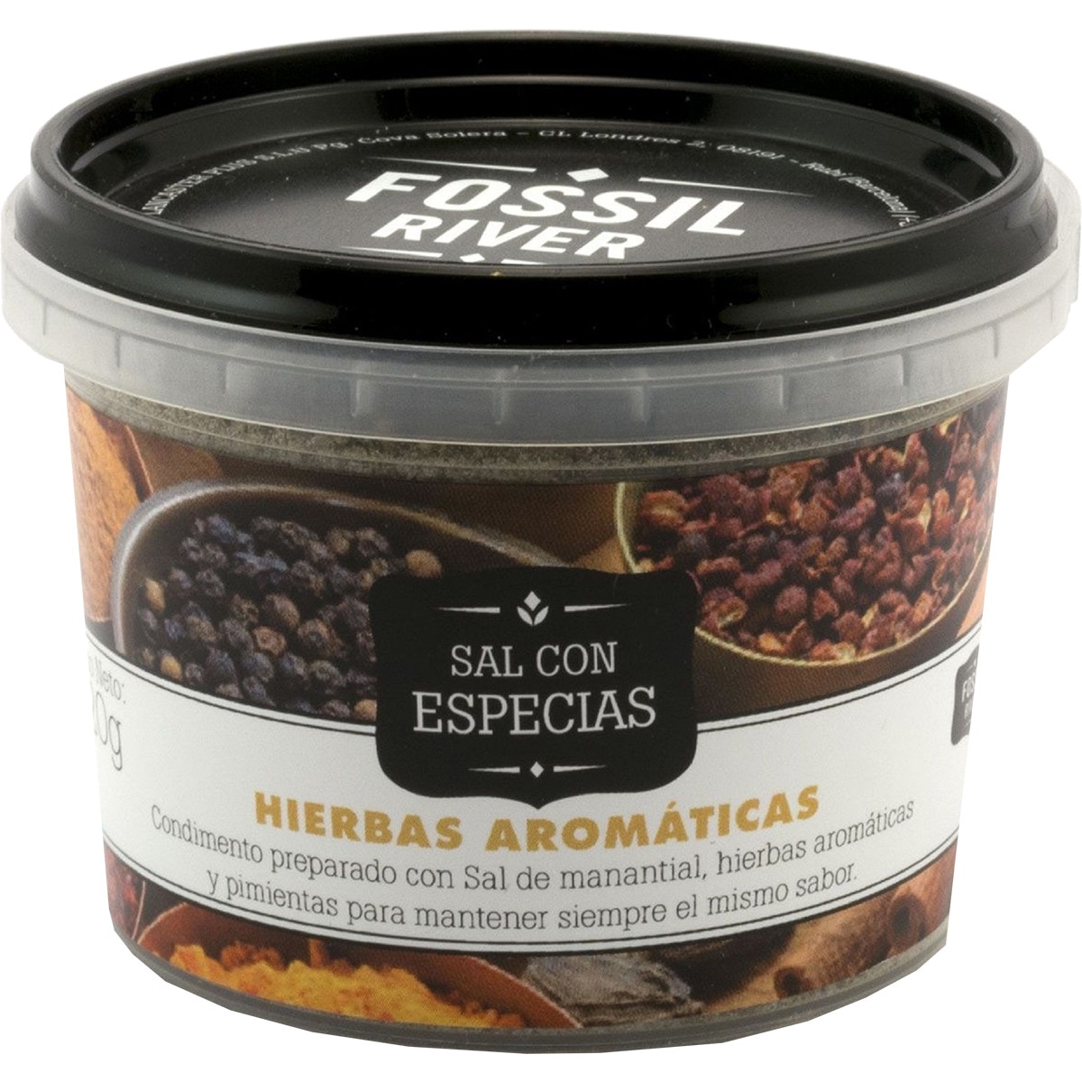Sal con hierbas aromáticas y pimientas tub 60 g · FOSSIL RIVER ...