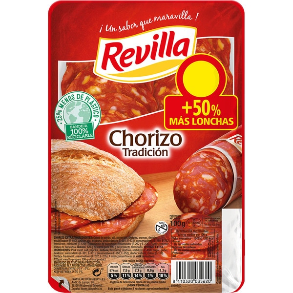 Chorizo tradición en lonchas sin gluten envase 100 g · REVILLA ...