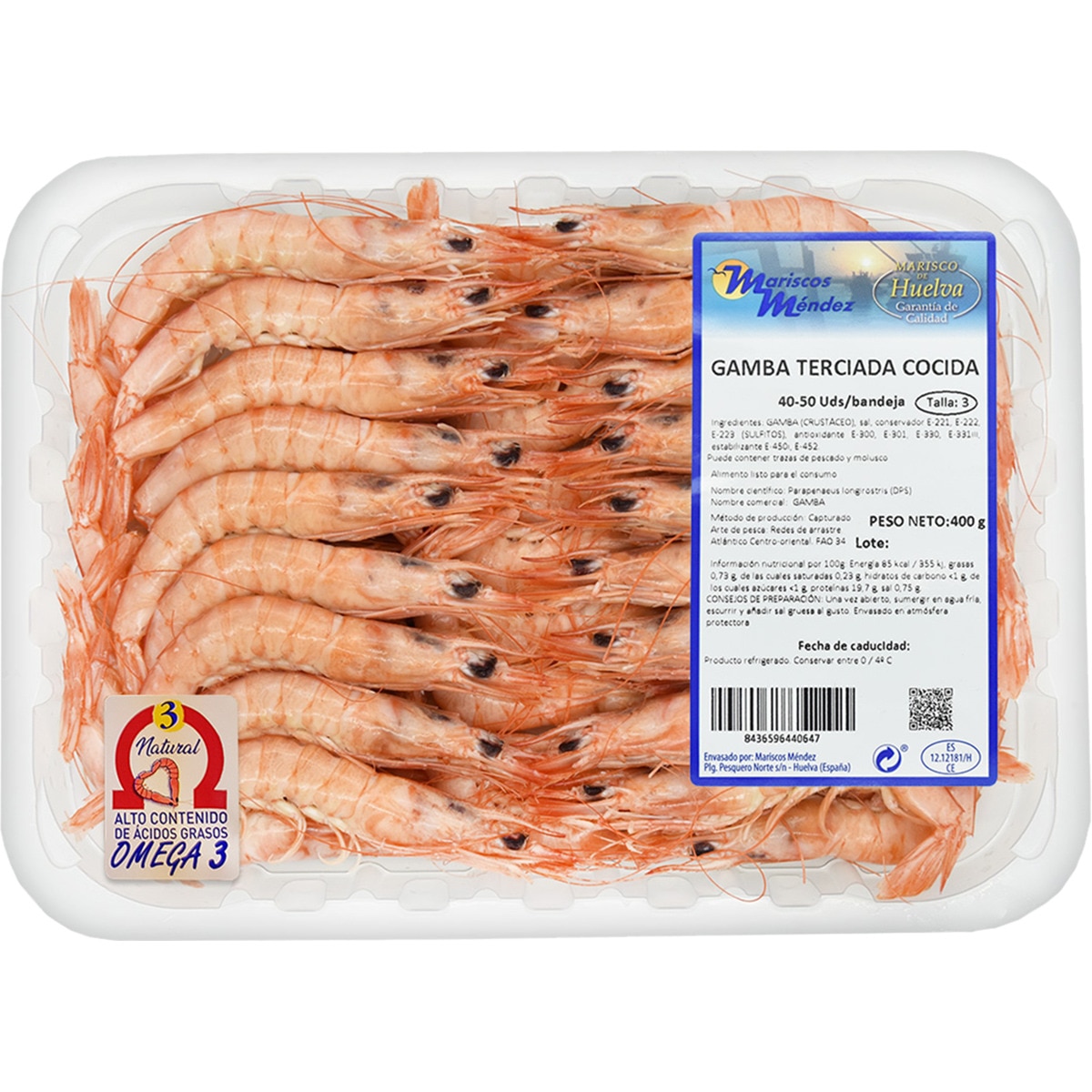 Gamba cocida terciada 40-50 piezas bandeja 400 g · MARISCOS MENDEZ ...