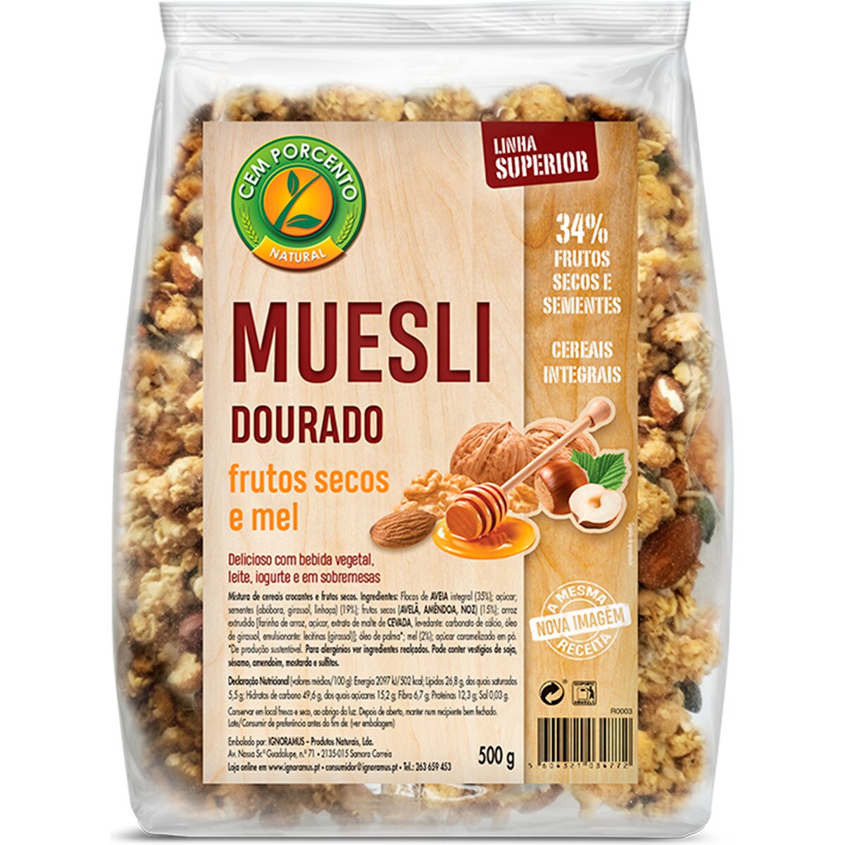 Muesli Dourado de Frutos Secos e Mel embalagem 500 g · Cem Porcento ...