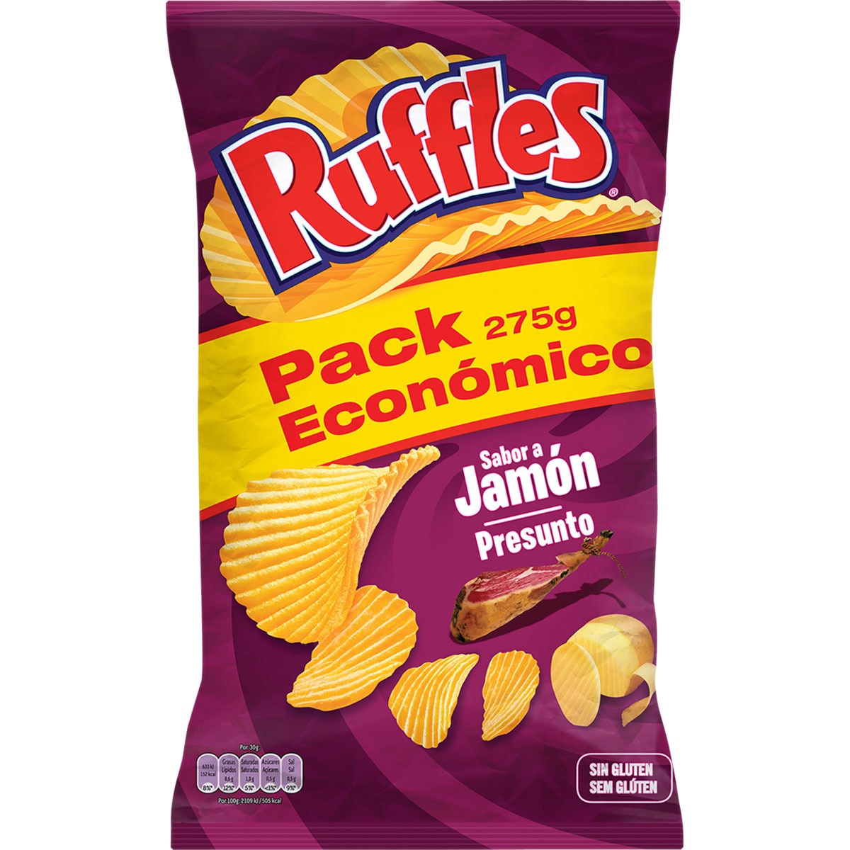 Patatas fritas onduladas sabor Jamón Sin Gluten bolsa 275 g · RUFFLES ...