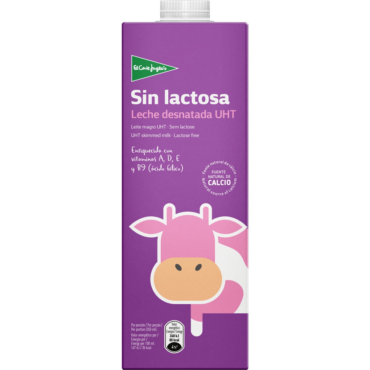 Leche desnatada sin lactosa enriquecida con vitaminas A, D, E y B9 brik ...
