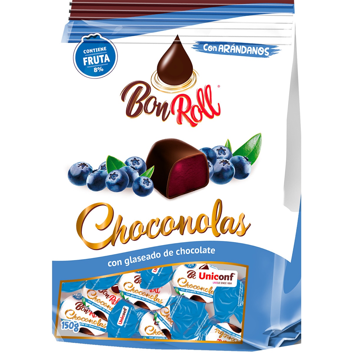 Guloseimas de Chocolate Preto e Mirtilo embalagem 150 g · Bon Roll ...