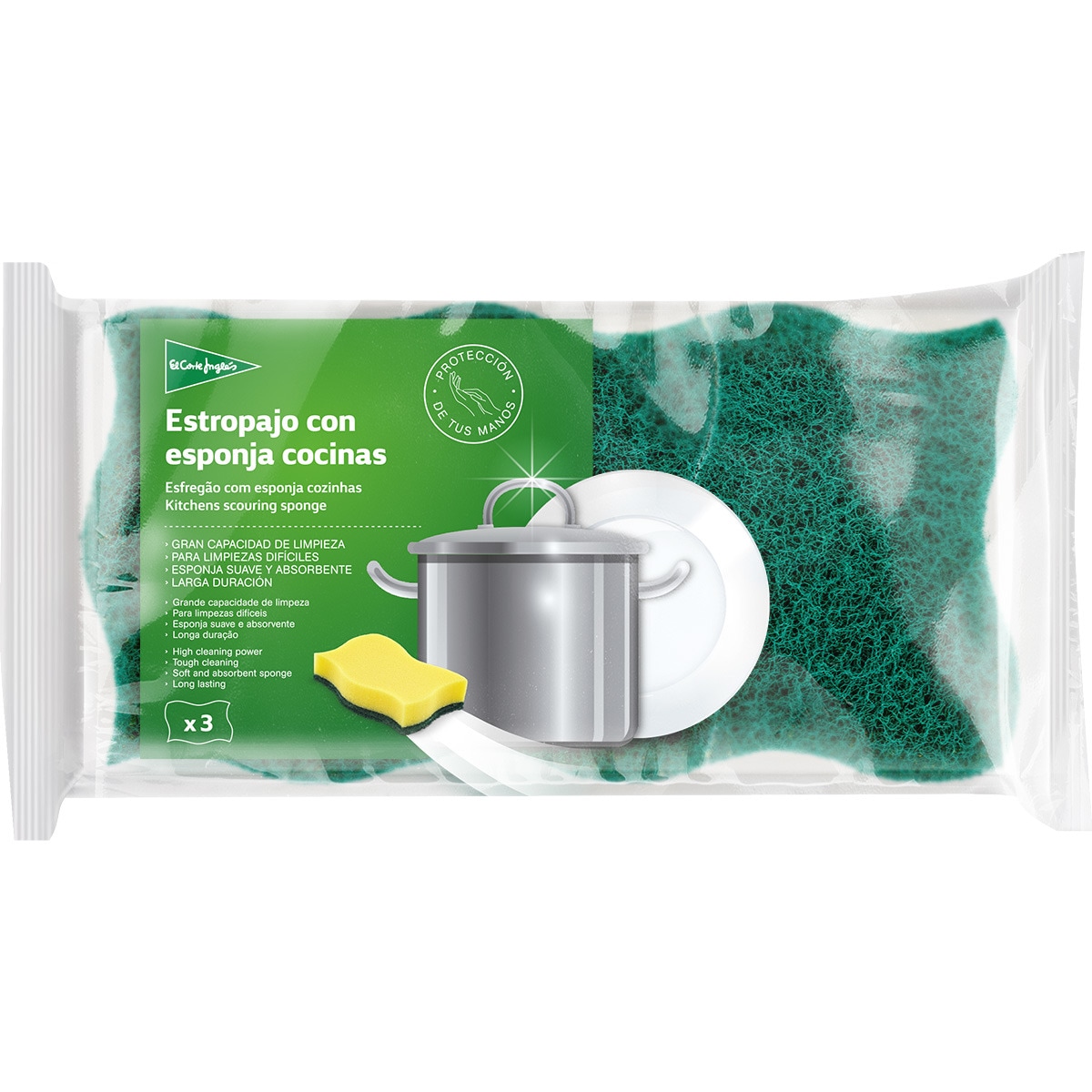 estropajo fibra verde con esponja cocinas envase 3 unidades · EL CORTE ...