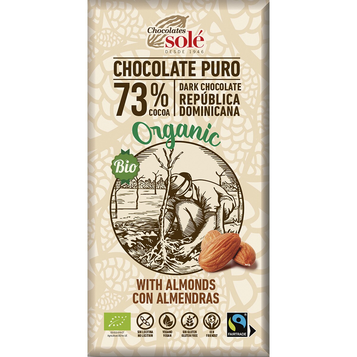 Organic Bio chocolate puro 73% cacao de República Dominicana con almendras ecológico tableta 150 ...