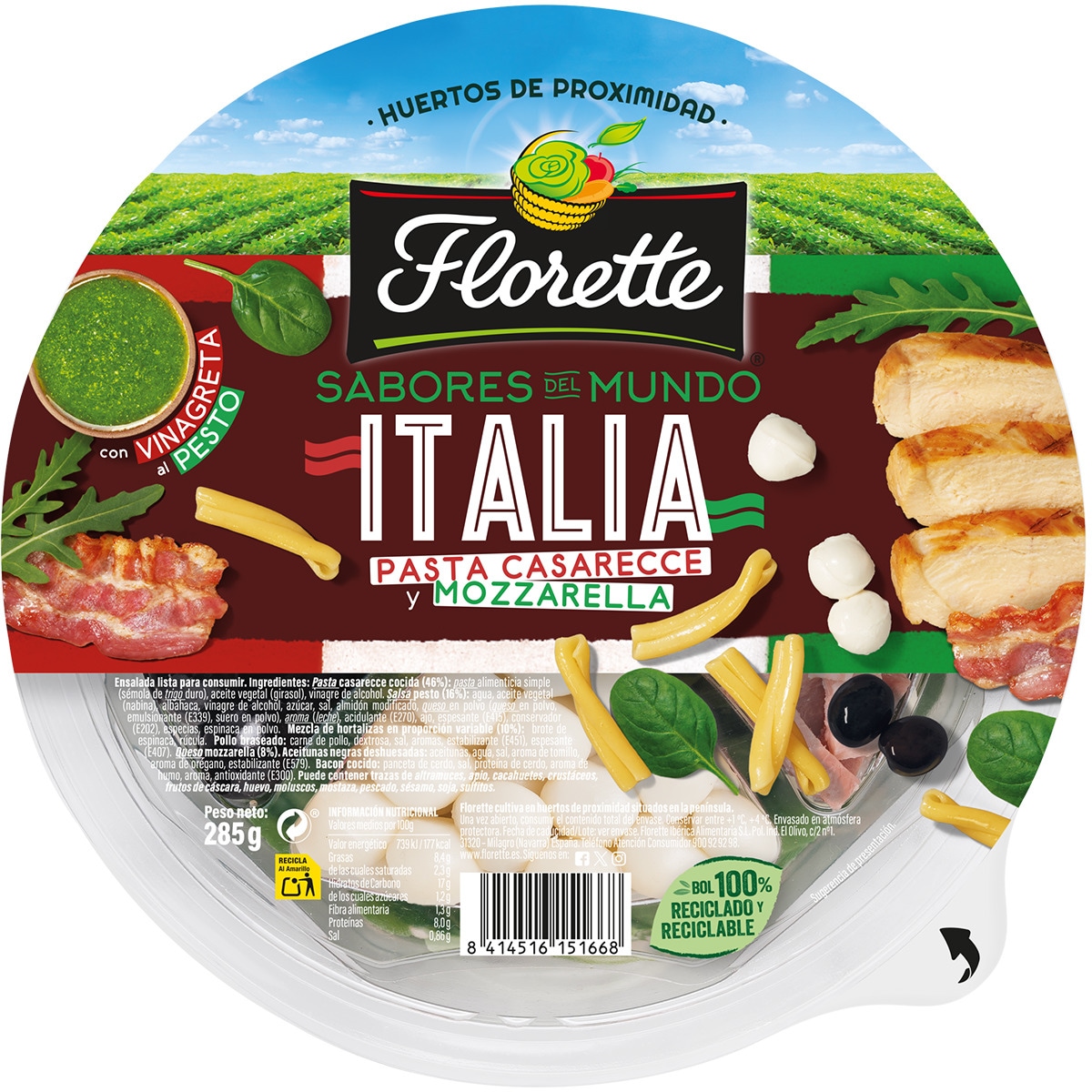 Ensalada Completa Italia pasta mozarella tarrina 285 g · FLORETTE ...