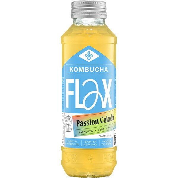 Passion Colada kombucha de maracuyá, piña y coco botella 330 ml · FLAX ...