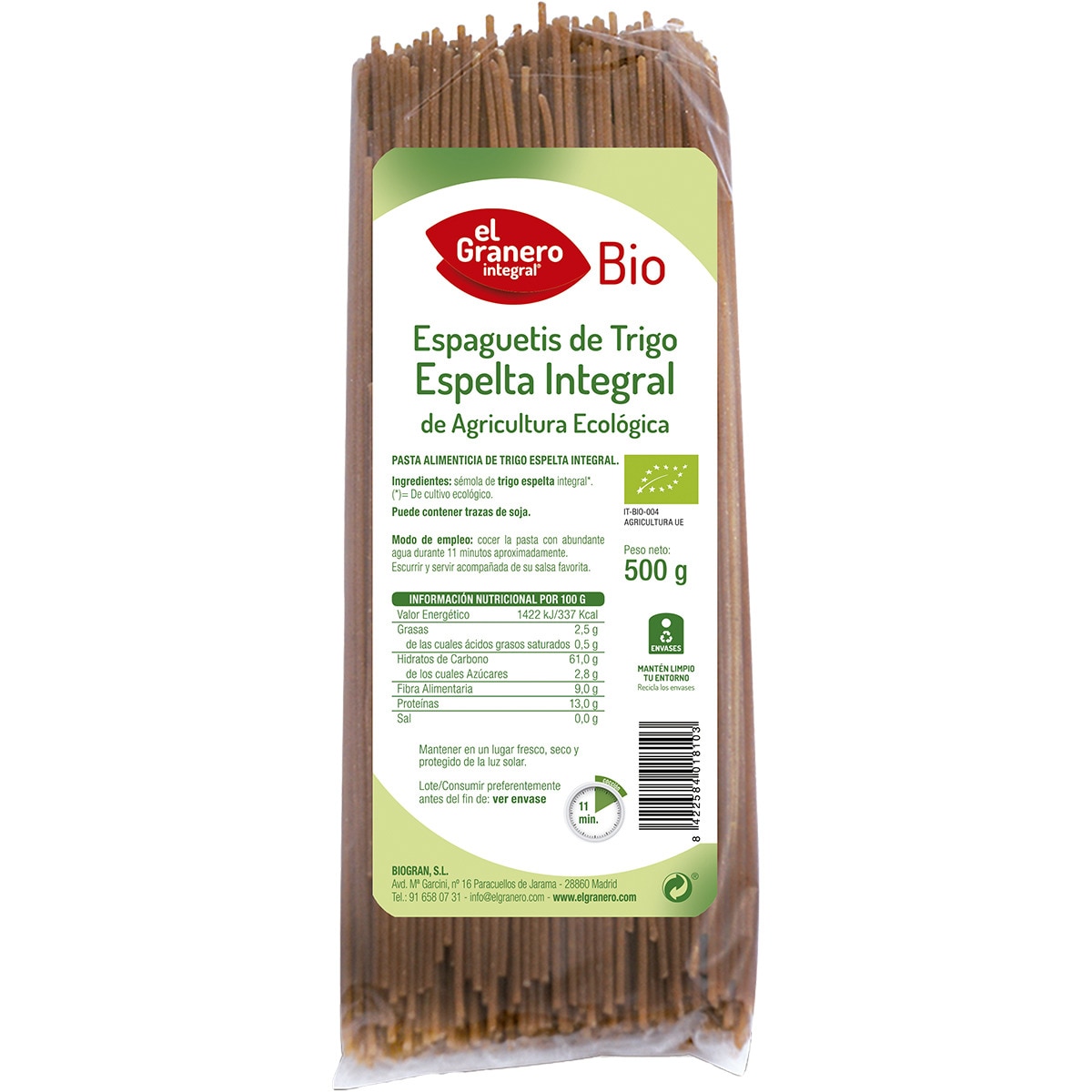 Bio espaguetis de espelta integral de cultivo ecológico envase 500 g ...