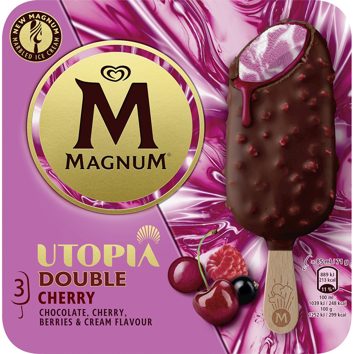 Helado Double Cherry Utopía de chocolate, cerezas y frutos rojos 3 unidades estuche 255 ml ...