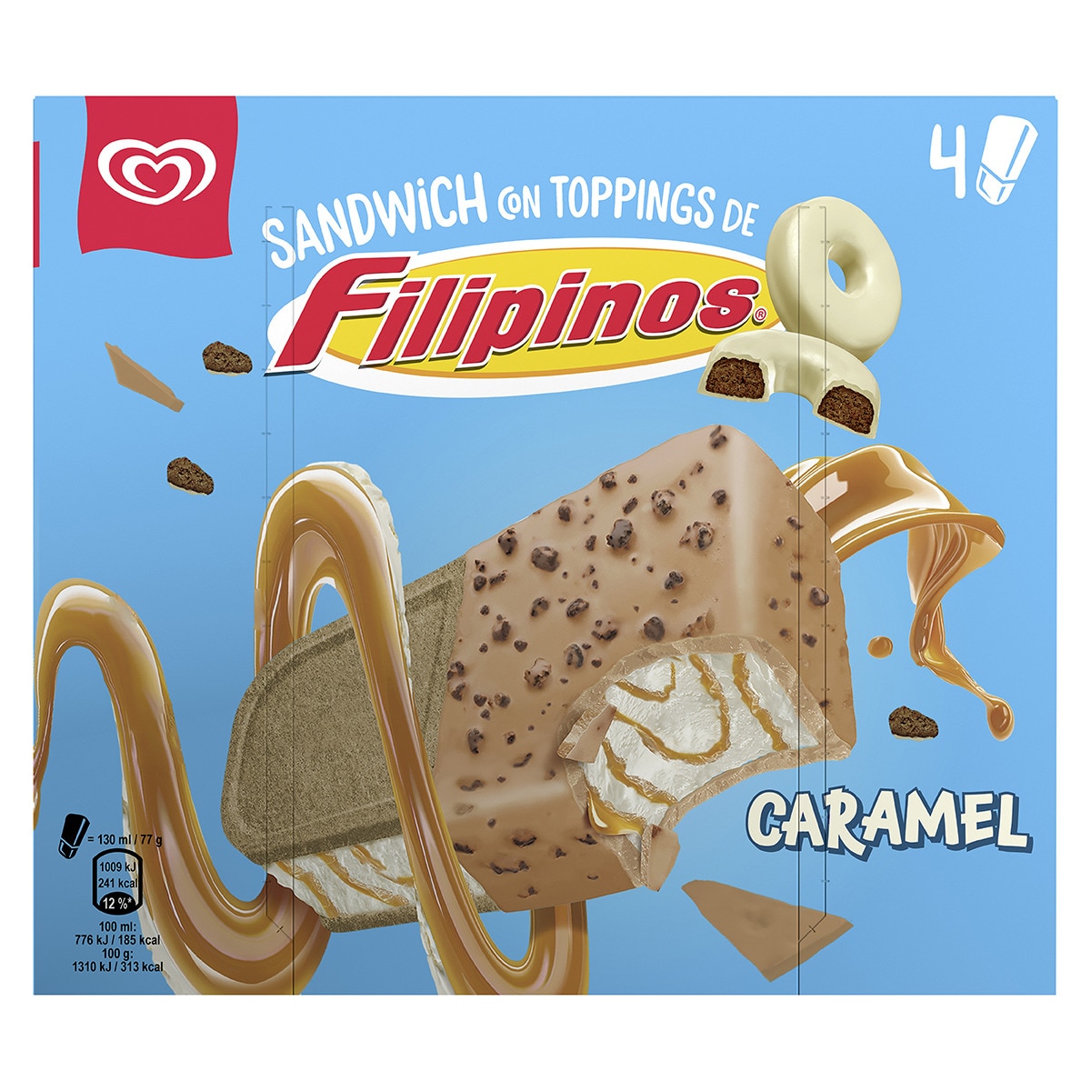 sándwich de helado con toppings de filipinos caramel 4 unidades estuche ...