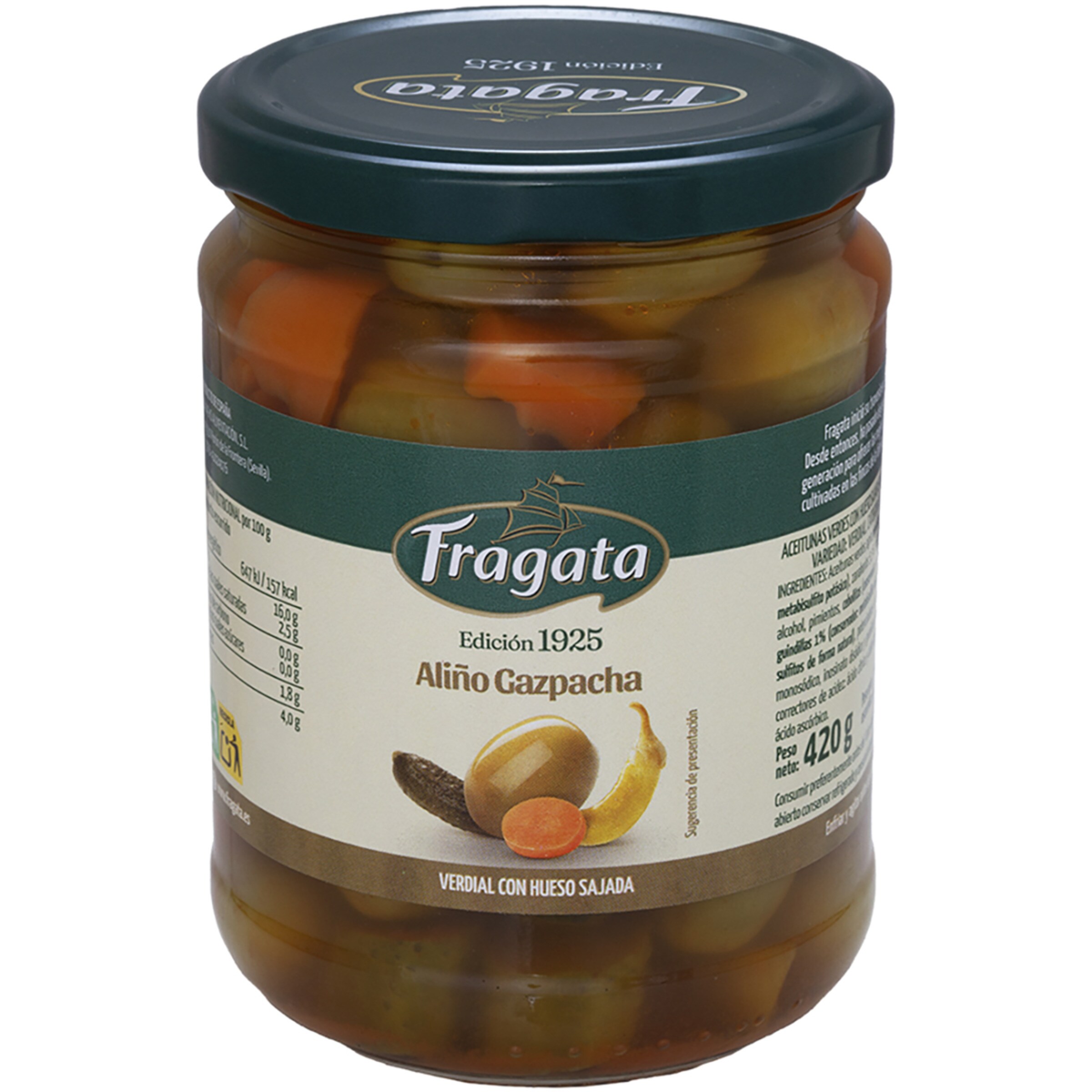 Aceitunas verdial con hueso sajada aliño gazpacha frasco 250 g neto ...