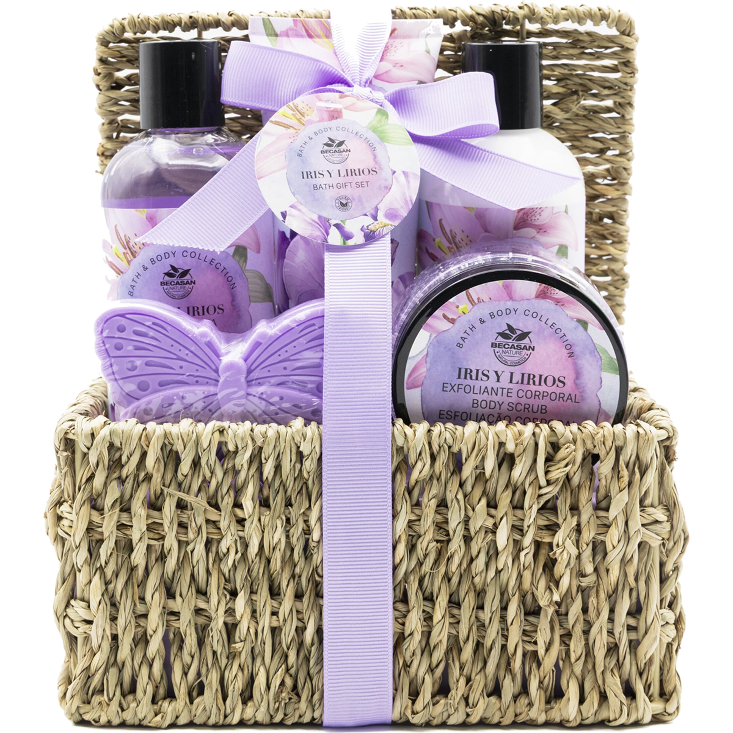 set de baño Cesta de Mimbre Iris y Lirios con gel ducha, loción ...